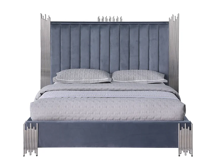 TOKEN SILVER VELVET BED FRAME WITH SILVER METAL ACCENTS | On Demand ...
